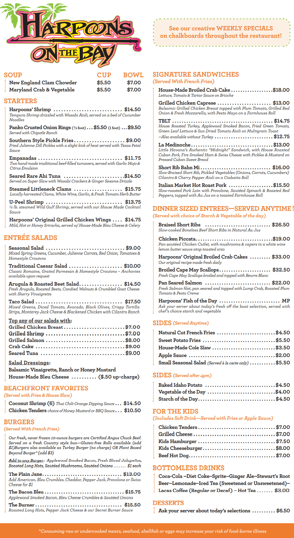 Lunch and Dinner Menus | Harpoons on the Bay